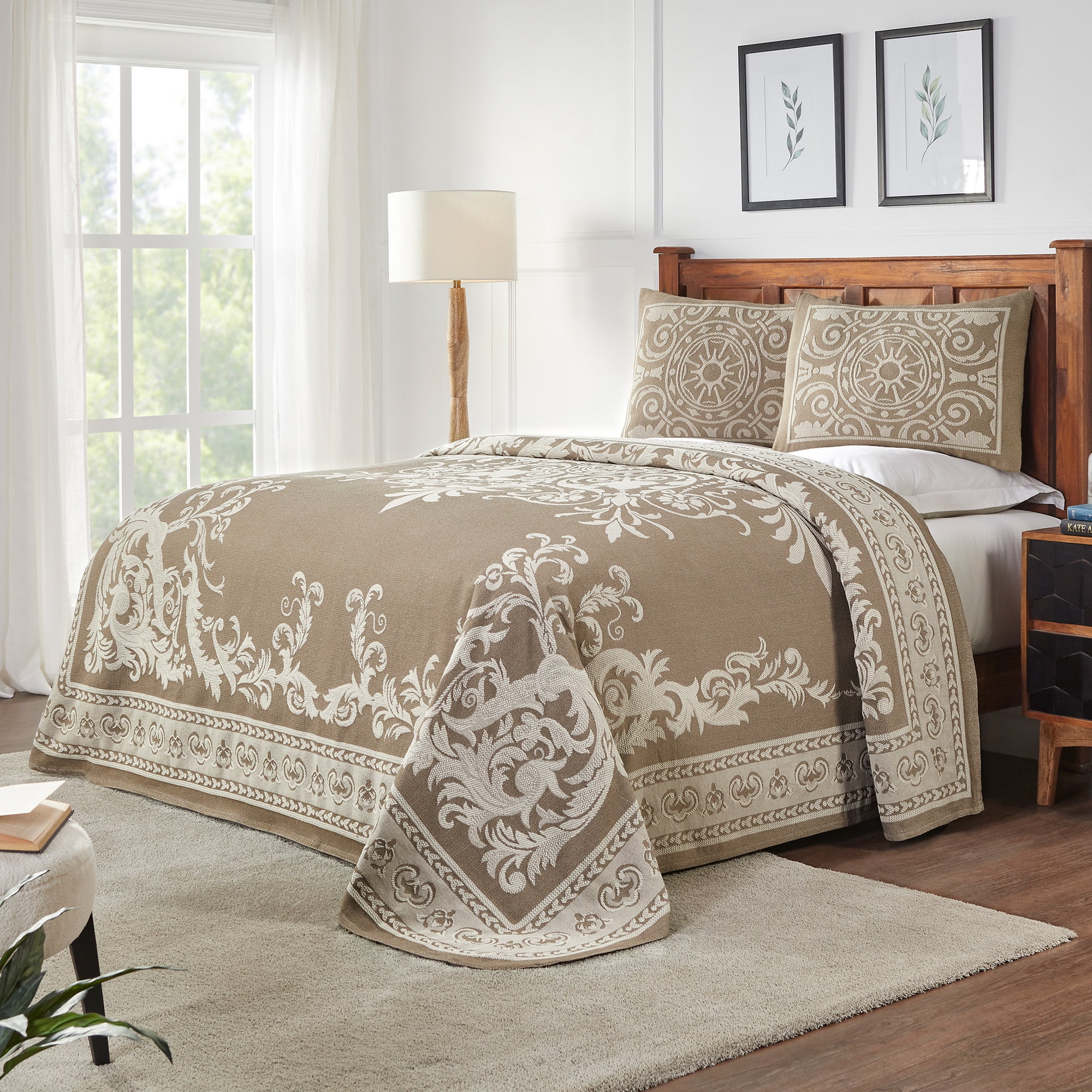 BNM Cotton Blend Vintage Medallion Bedspread Set, Queen, Taupe ...