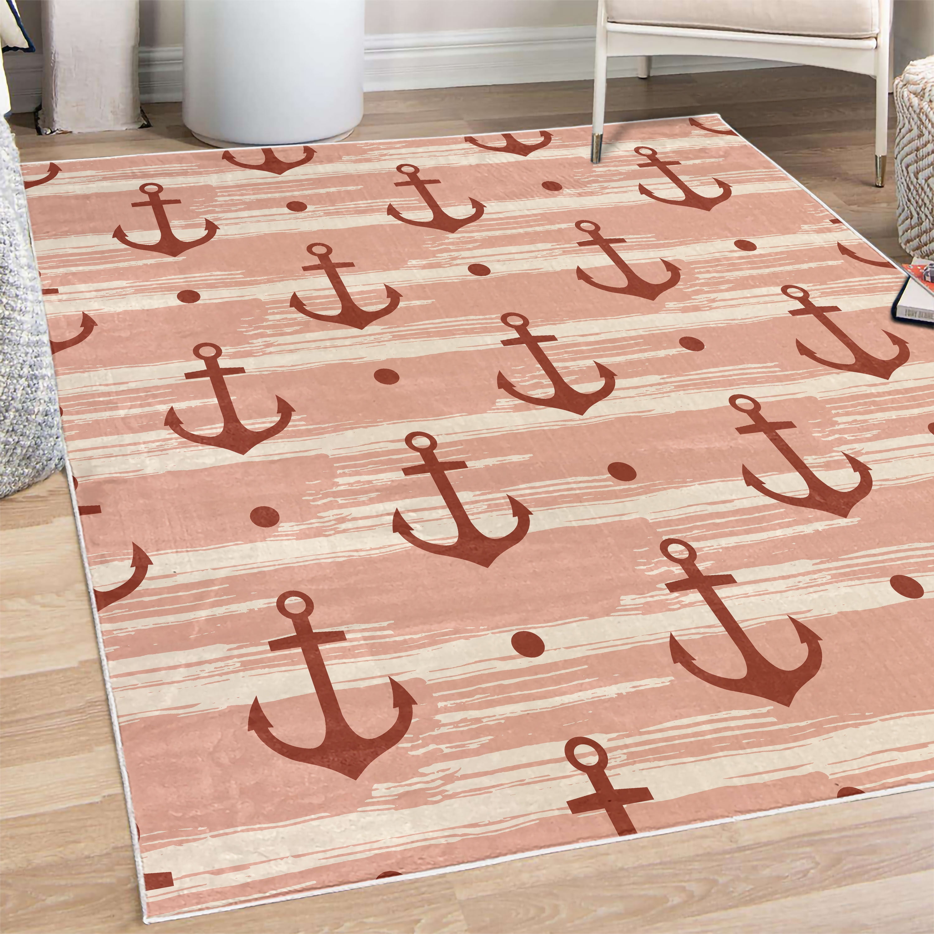 Marine Decorative Rug, Anchors and Skulls Crossed Bones Dots Pirate ...