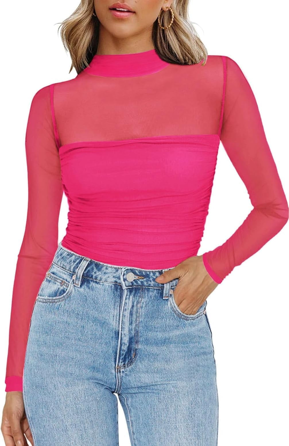 Top Zeagoo de malla transparente de manga larga con cuello de tortuga ...