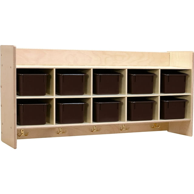 RRI Goods Wood Cubbies Storage w Brown Plastic Bins Wall Hanging ...