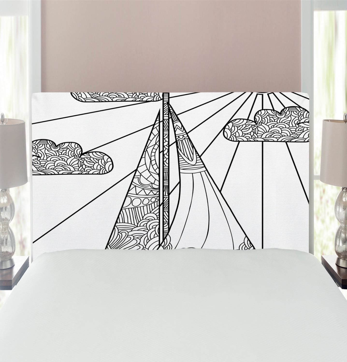 Nautical Headboard, Doodle Boat Floating on Waves Ornate Rope Features ...