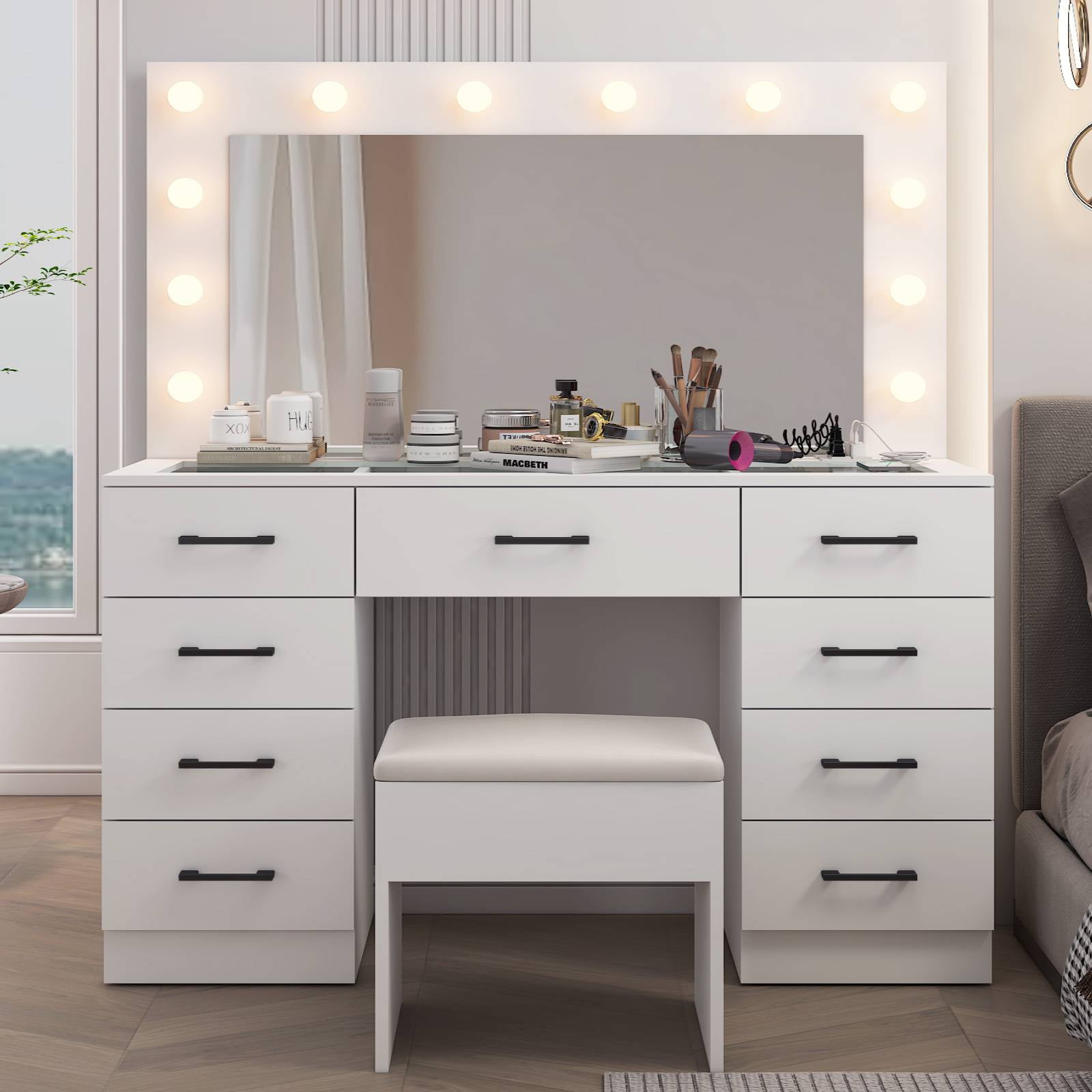 Ktaxon Large Makeup Vanity, Vanity Table Set w/ Visible Glass Top w ...