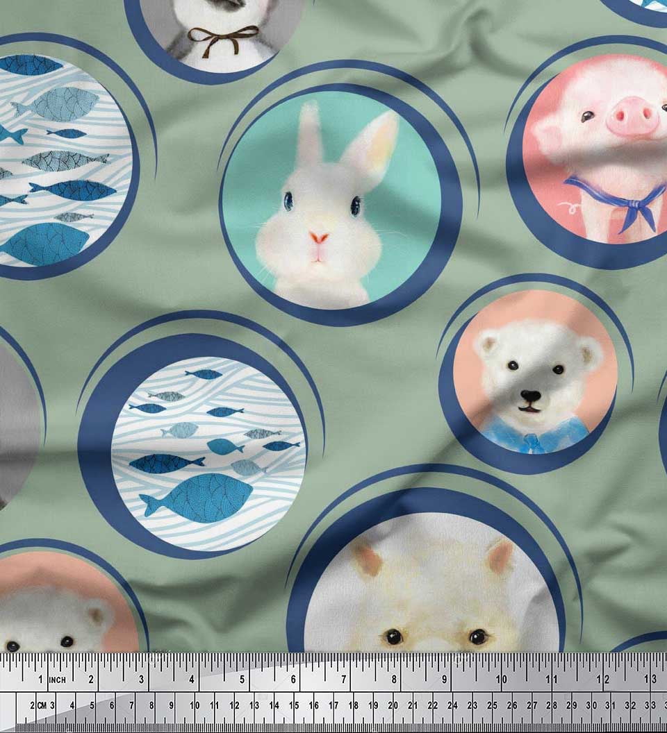Soimoi Polyester Crepe Fabric Circle,Fish & Cute Animals Patchwork ...