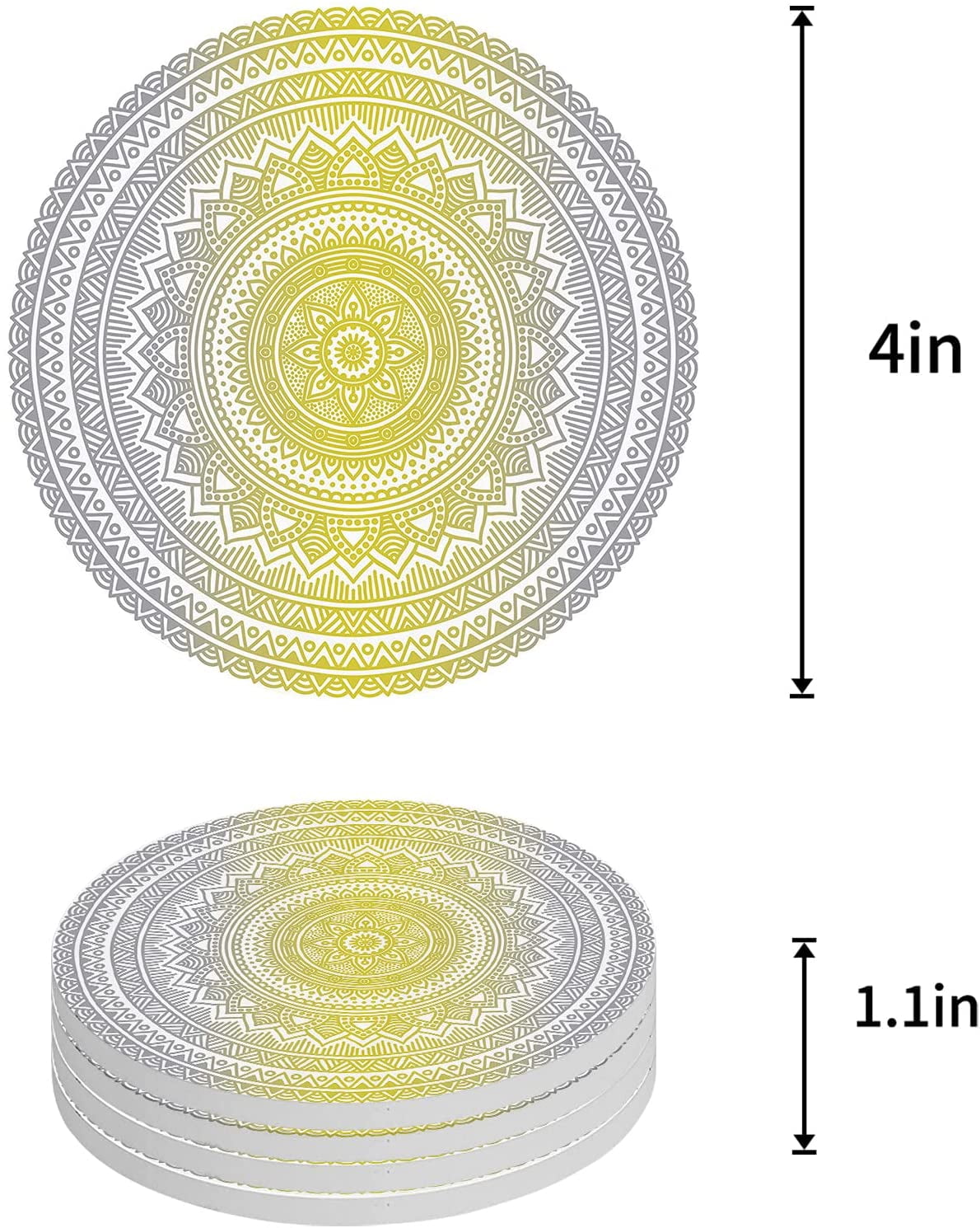 ZHANZZK Yellow and Grey Mandala Gradient Art Set of 6 Round Coaster for ...