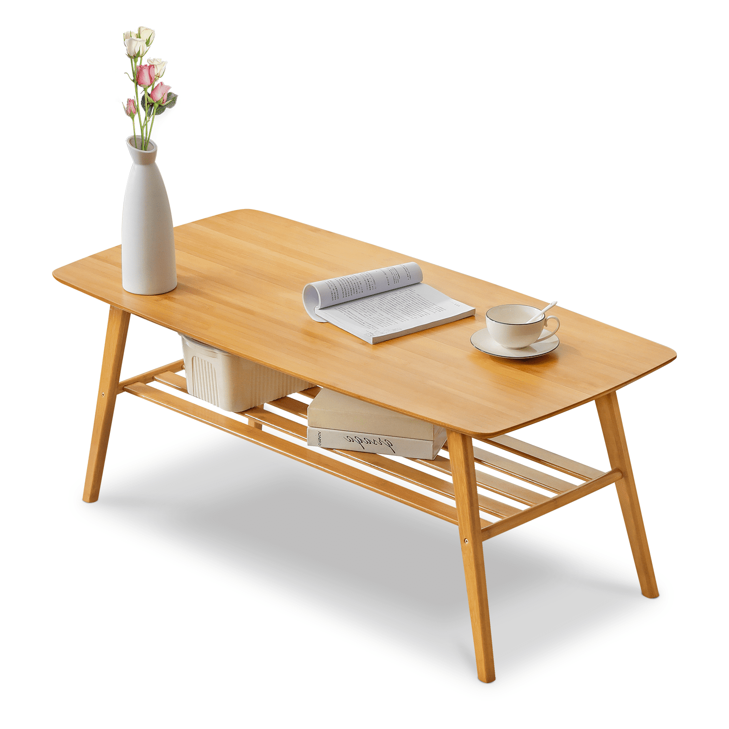 Magshion Bamboo Modern Coffee Cocktail Table, Rectangular with Storage ...