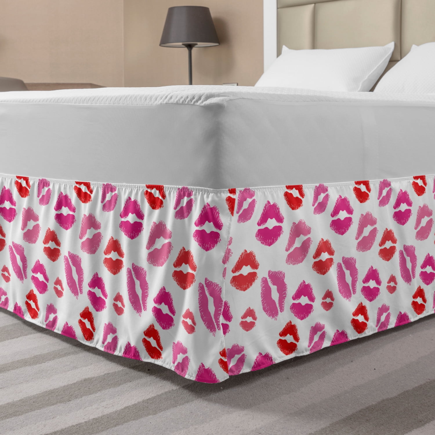 Lips Bed Skirt, Pink and Warm Color Romantic Kisses Smack Print ...