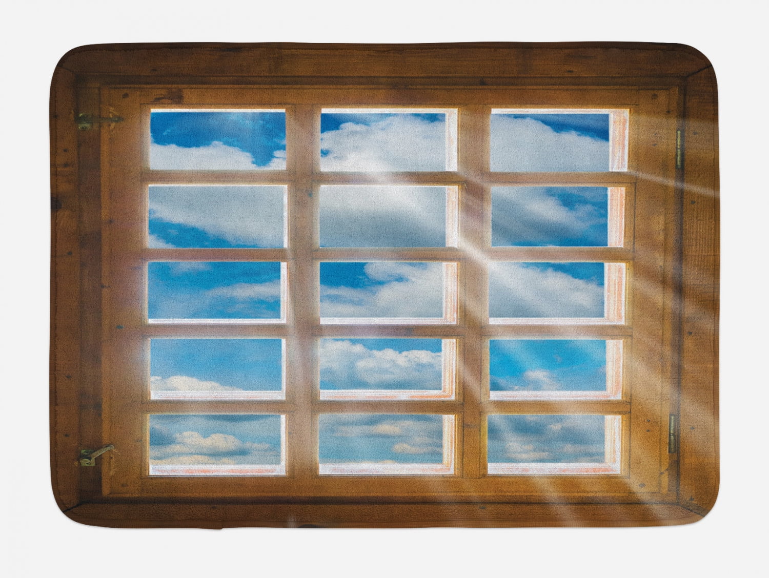 Rustic Bath Mat, Wooden Window with Beaming Sun Scenic View of Sky and ...
