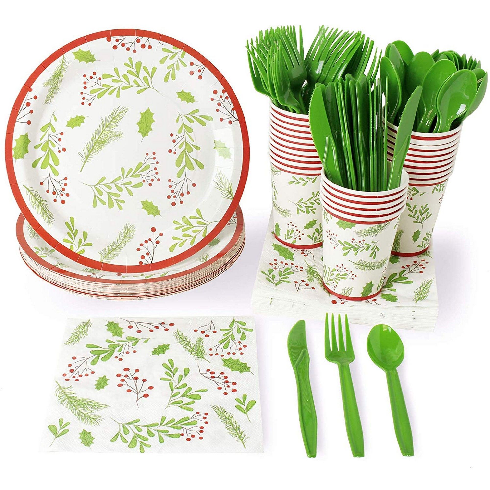 Serves 24 Christmas Party Supplies 144PCS Plates Napkins Cups Holly Berry And Leaves Design serves-24-christmas-party-supplies-144pcs-plates-napkins-cups-holly-berry-and-leaves-design