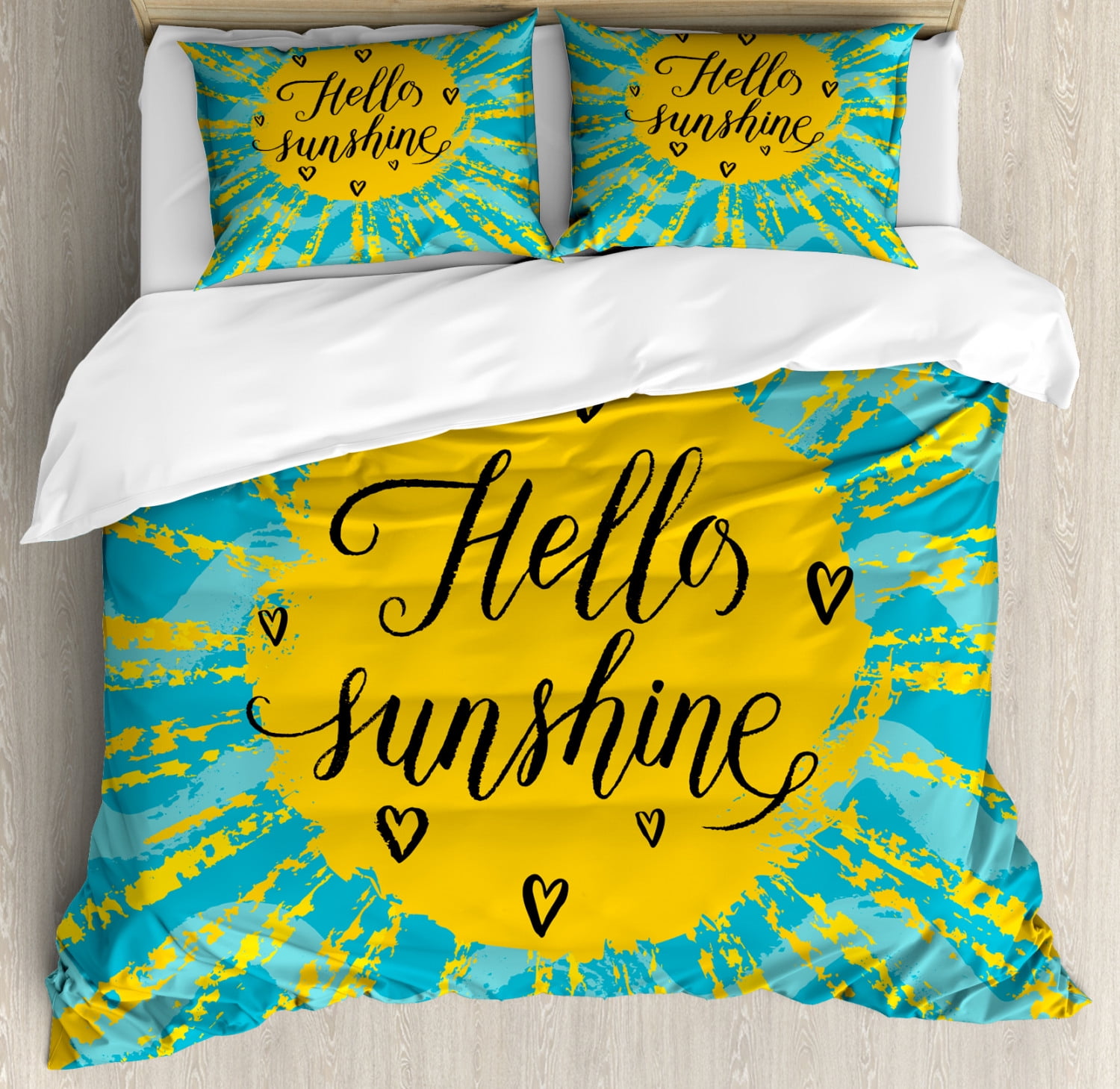Hello Sunshine Duvet Cover Set Queen Size, Sun Motif with Stripes on ...