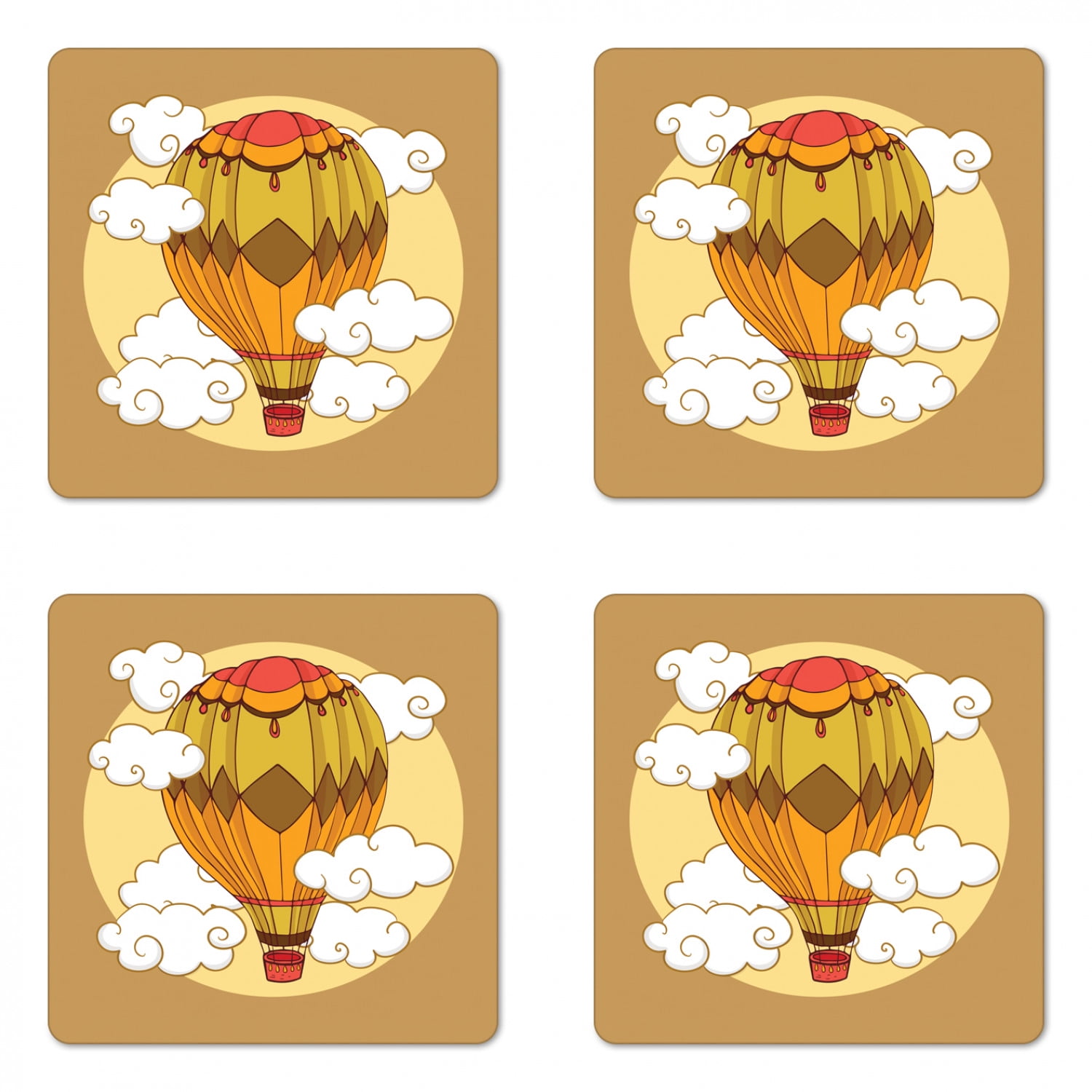 Cartoon Coaster Set of 4, Hot Air Balloon in the Sky Dreamy Clouds ...