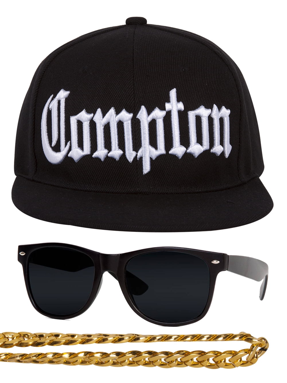 Compton 80s Rapper Costume Kit Flat Bill Hat w Sunglasses, Chain ...