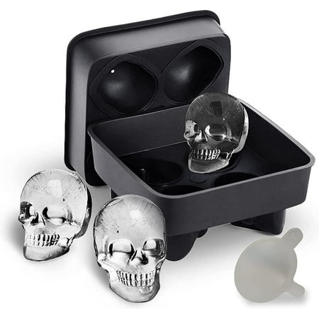 3D Skull Shape Ice Cube Mold Silicone Easy Release Black with Lid Makes ...