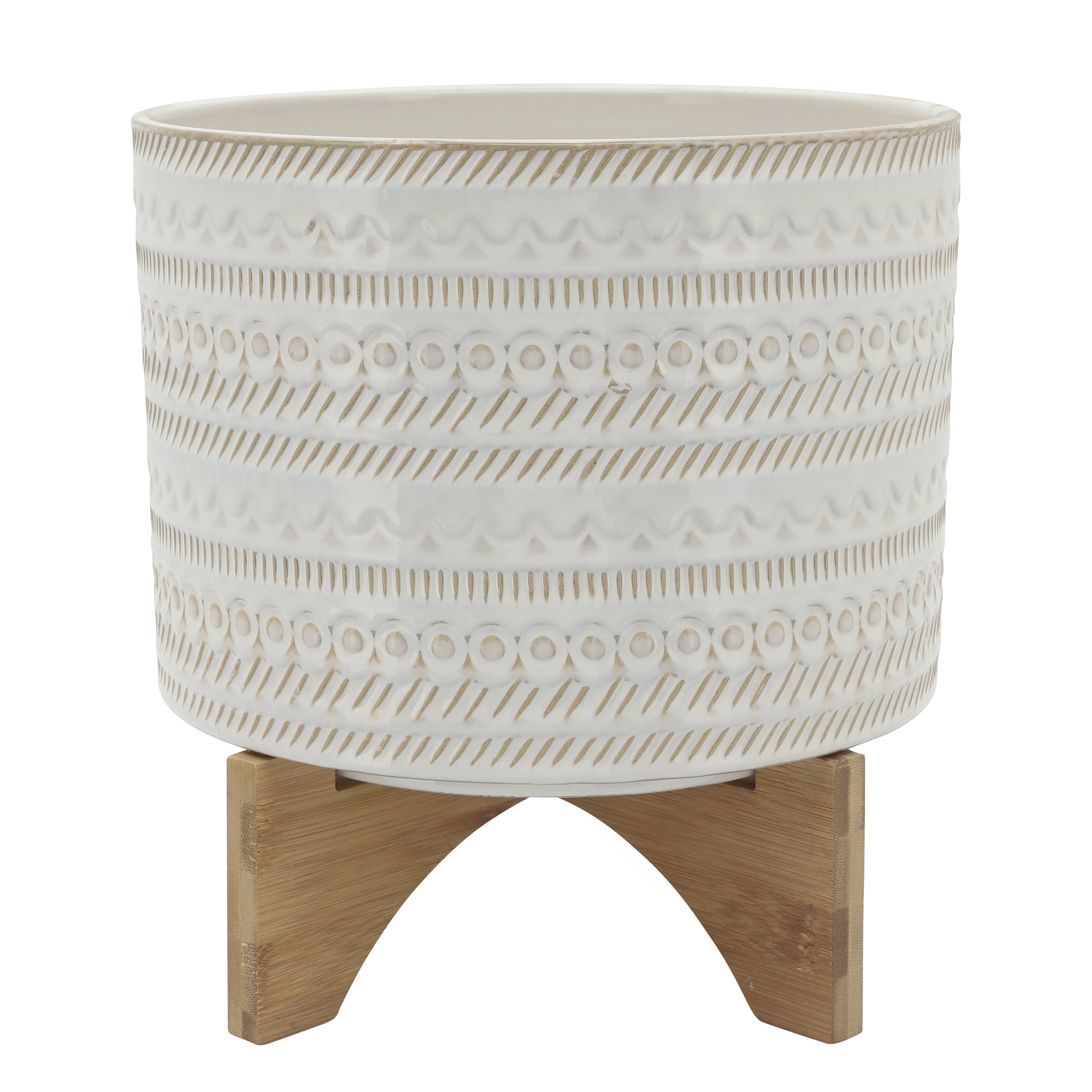 Sagebrook Home 10" Tribal Planter With Wood Stand, Beige, Round ...