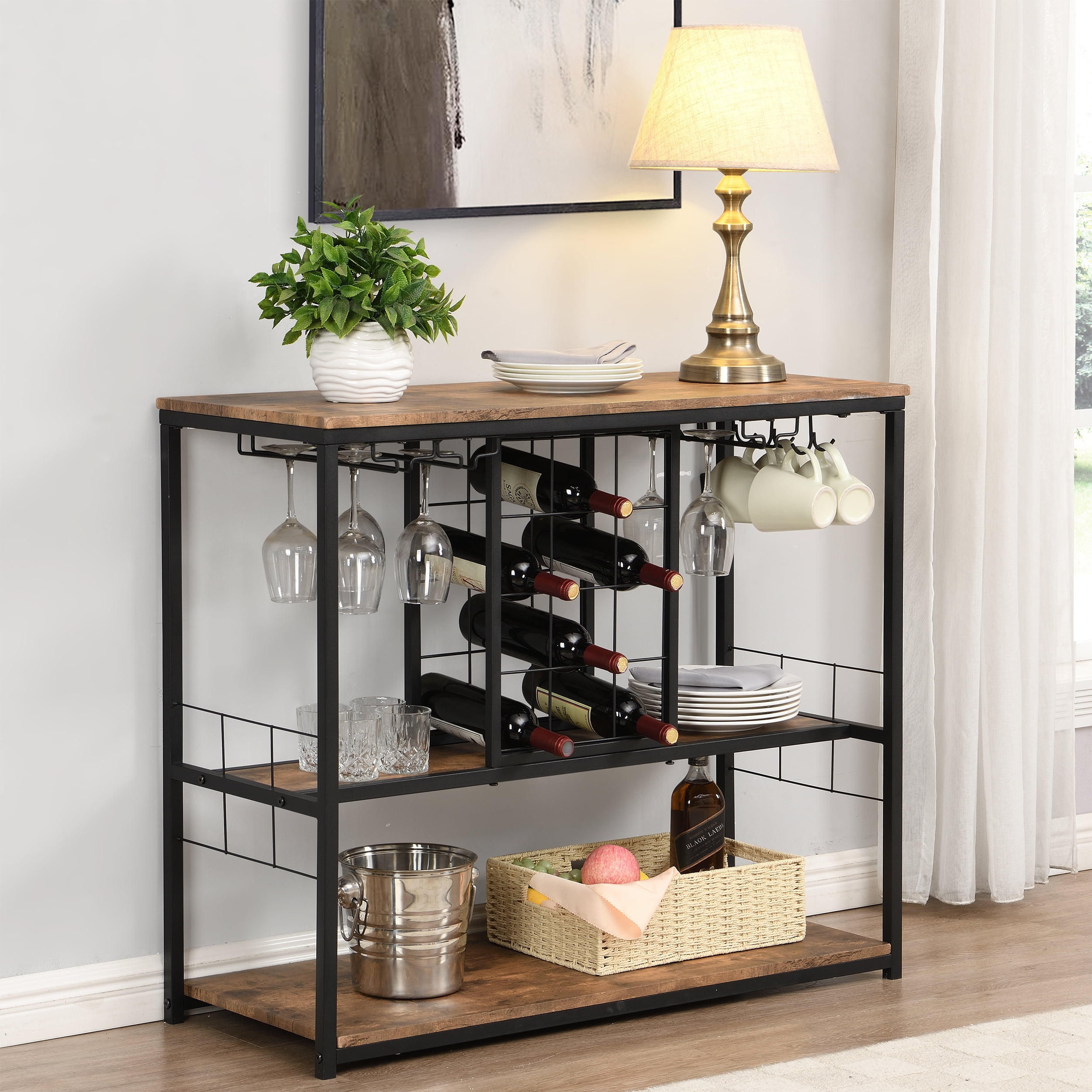 Wine Rack Cabinet & Table, 3-Tier Bar Cabinet with Storage Rack ...