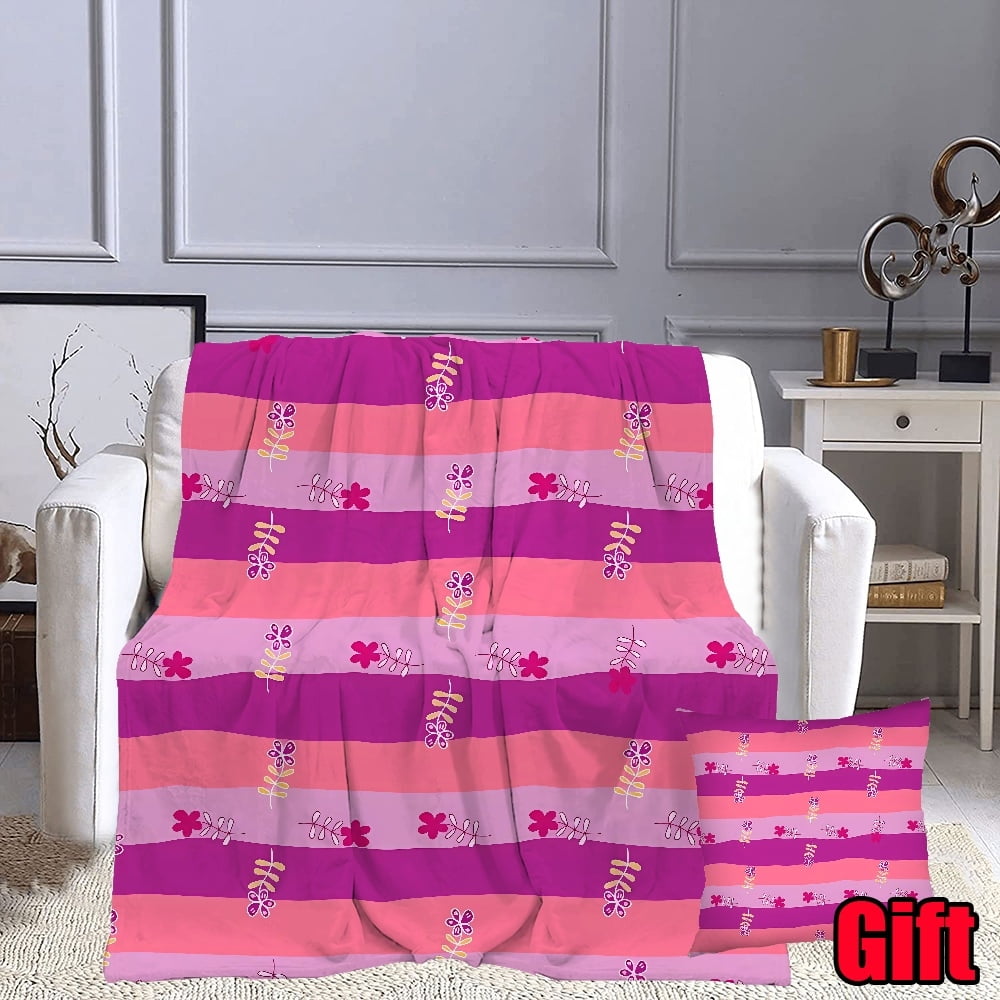 Printed Floral Striped Throws Blanket With Pillow Case For Bed Couch ...