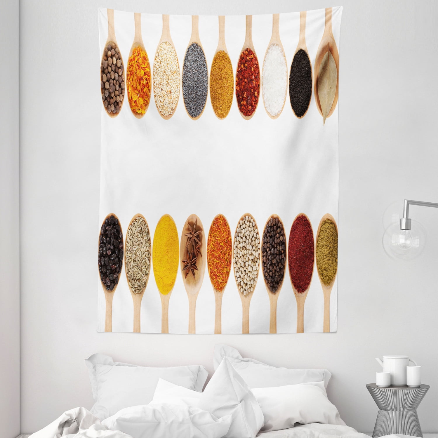 Spice Tapestry, Group of Spices in Wooden Spoons Arranged Horizontally ...