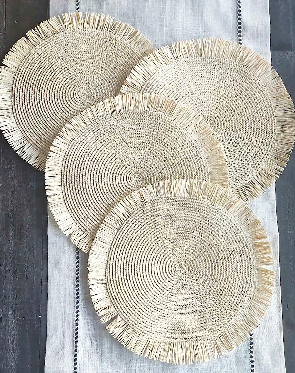 Fennco Styles Handwoven Fringe Boho Placemats 15" Round, Set of 4 ...
