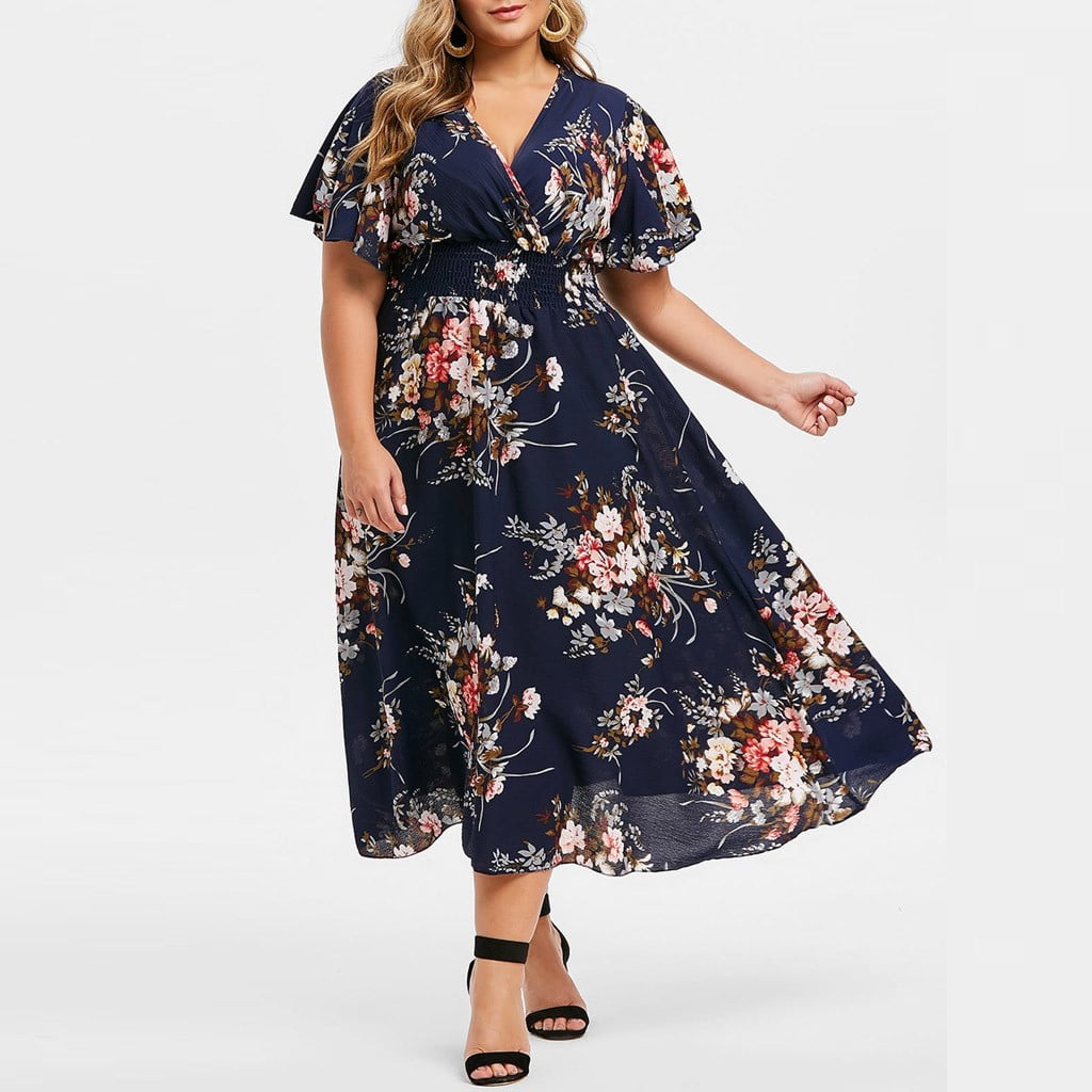 Hkejiaoi Sun Dresses For Woman Plus Size Fashion Women Floral Printed V-Neck Short Sleeve Casual Dress Deals Clearance Navy
