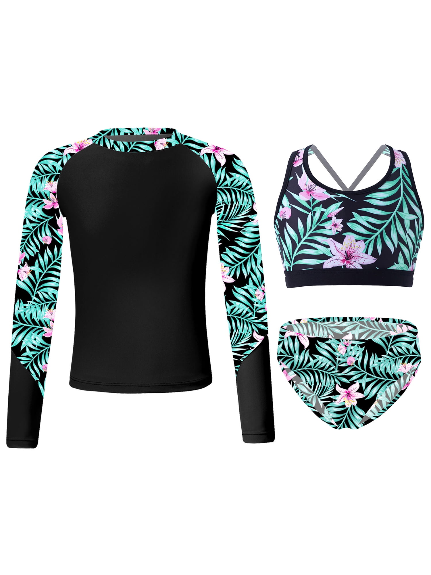 iEFiEL Girls Printed Swimsuit Long Sleeve Swim Tops with Strappy Back ...