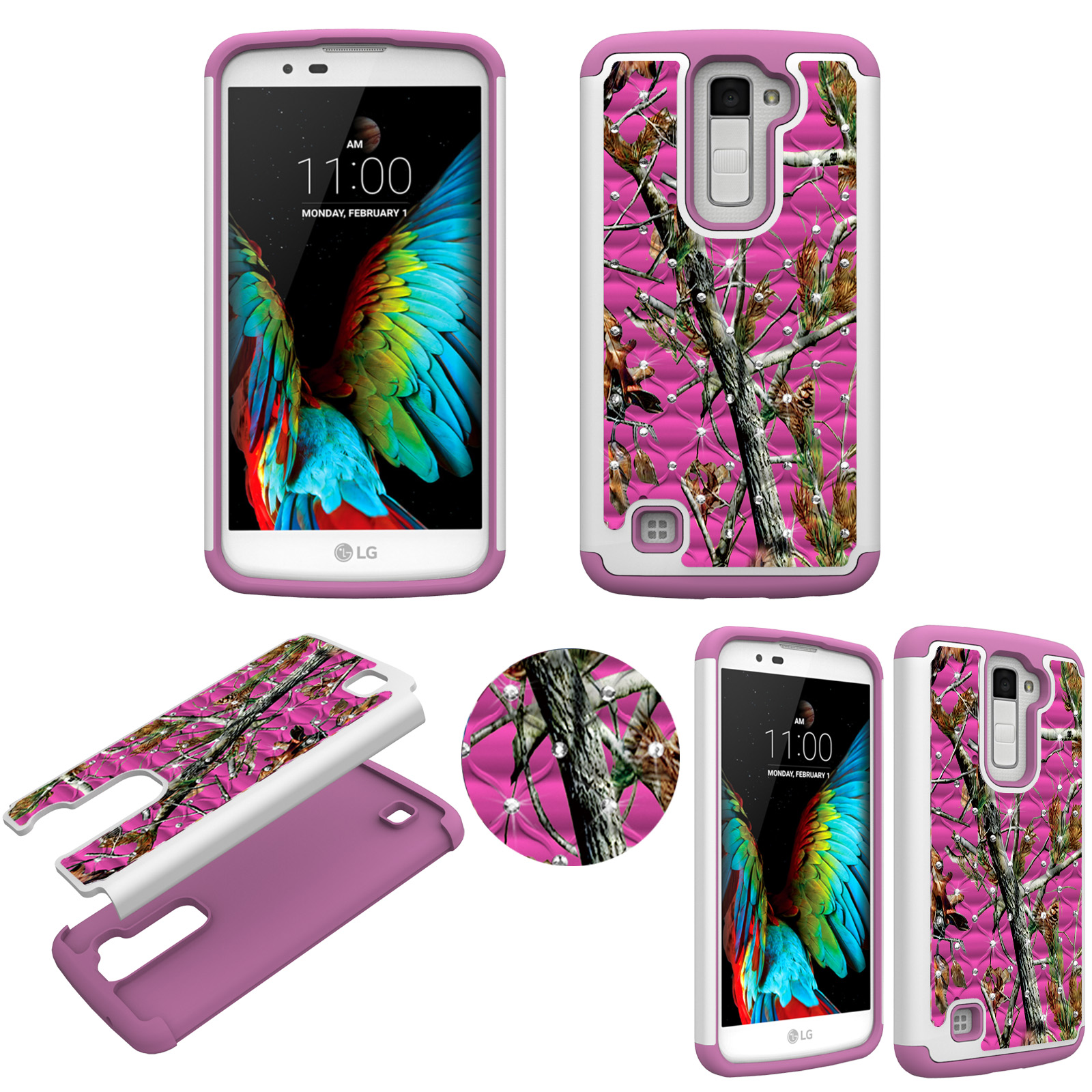 Hybrid Pink Camo Pine Crystal Diamond for LG K10 Ultra Shock Proof ...