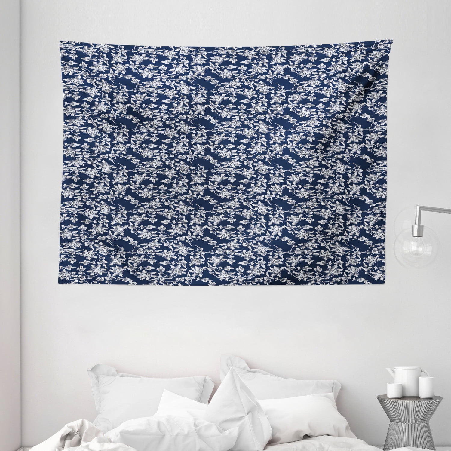 Navy Blue Tapestry, Floral Arrangement Botanic Foliage Pattern Japanese ...