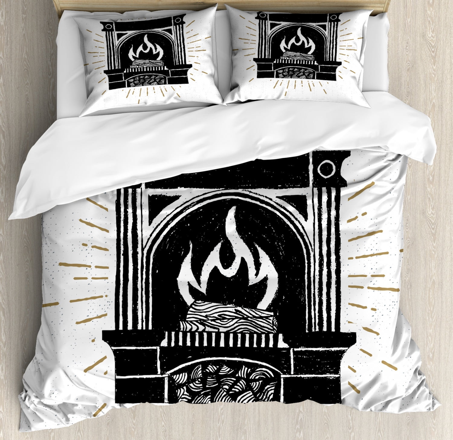 Fireplace Duvet Cover Set Queen Size, Vintage Monochrome Design Log ...
