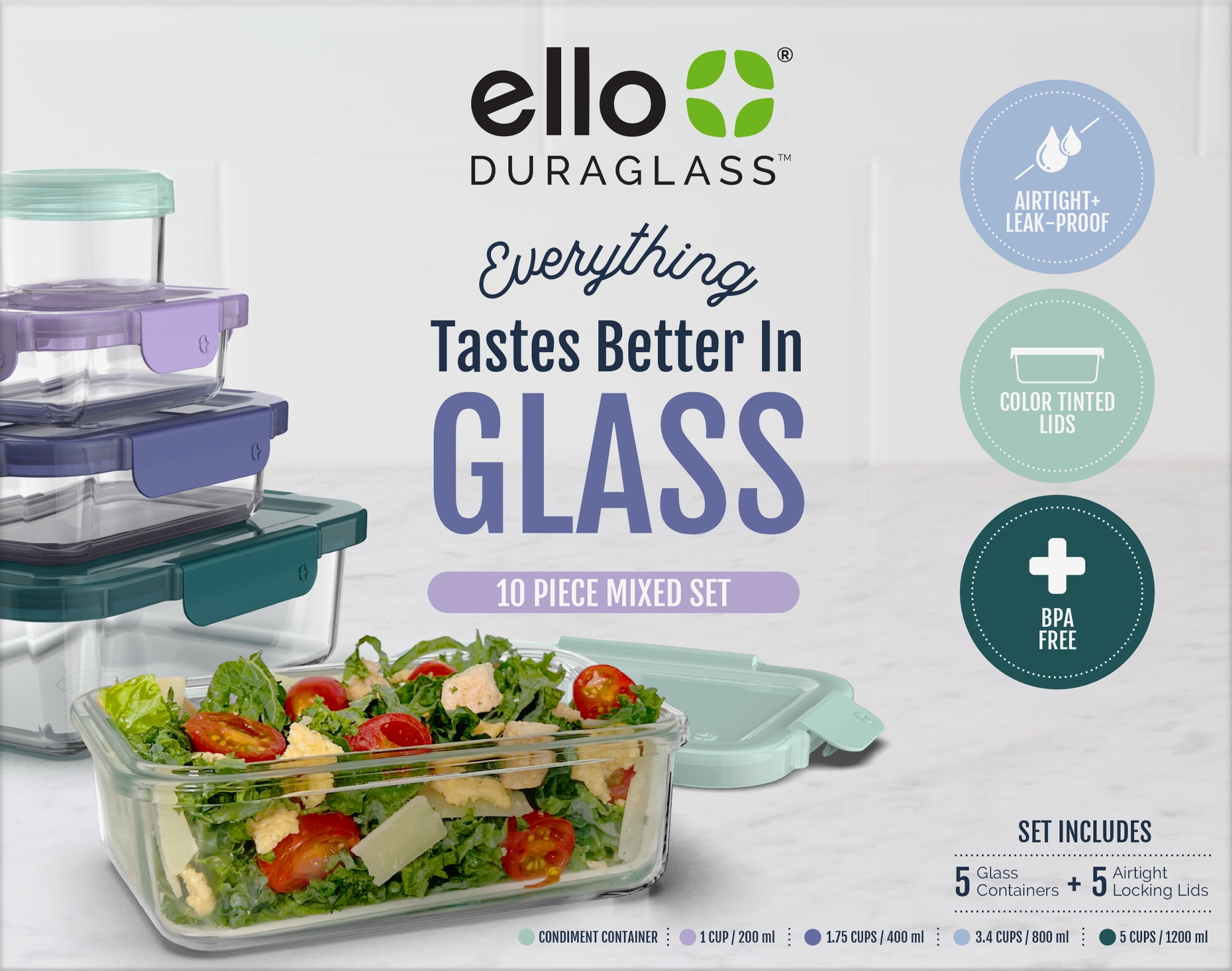 Ello Duraglass Glass Containers and Plastic Lids, 10 Piece Food Storage ...