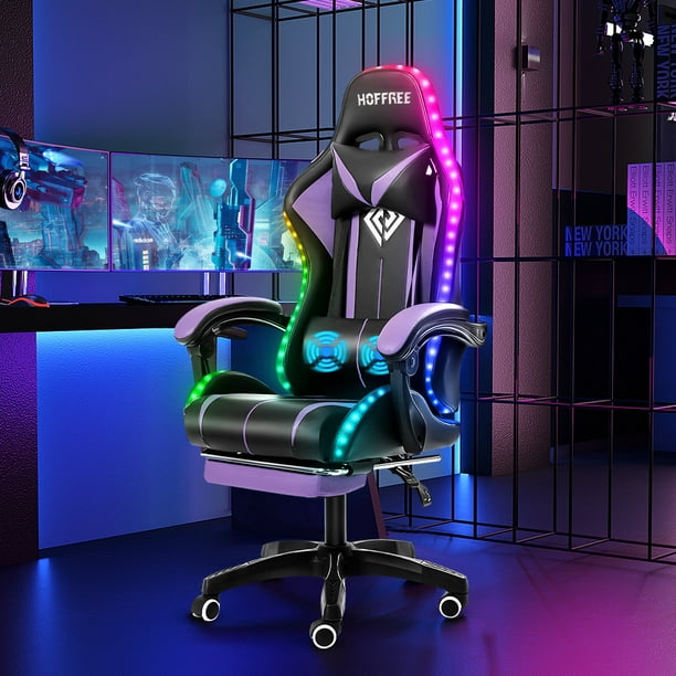 Hoffree Massage Gaming Chair High Back Leather Game Chair Rgb Led Light