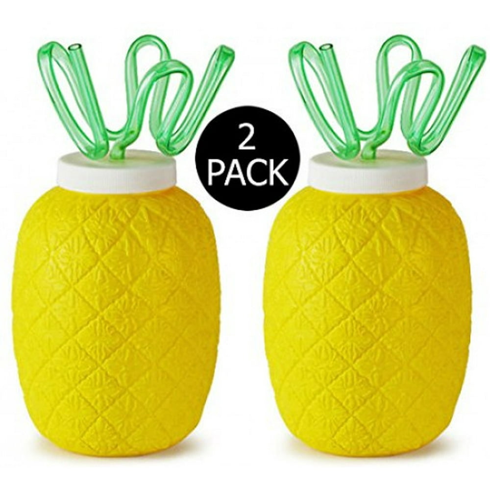 Set Of 2 Plastic Pineapple Cups with Krazy Straws - 26.4oz Each ...