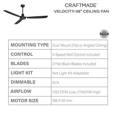 Craftmade INS54FB3 Inspo 54" Ceiling Fan with Wall Control, Flat Black ...