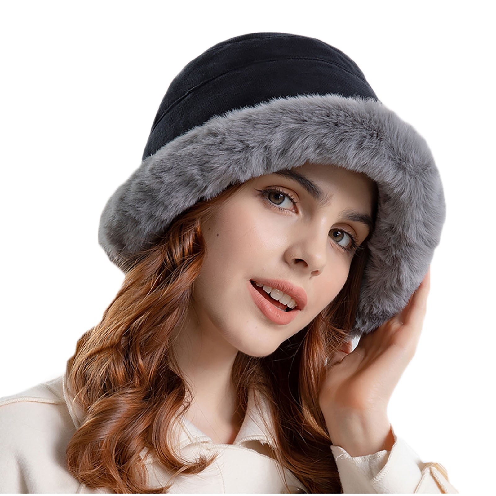 Women Winter Faux Furry Bucket Hat Fluffy Fuzzy Plush Fisherman Hat ...