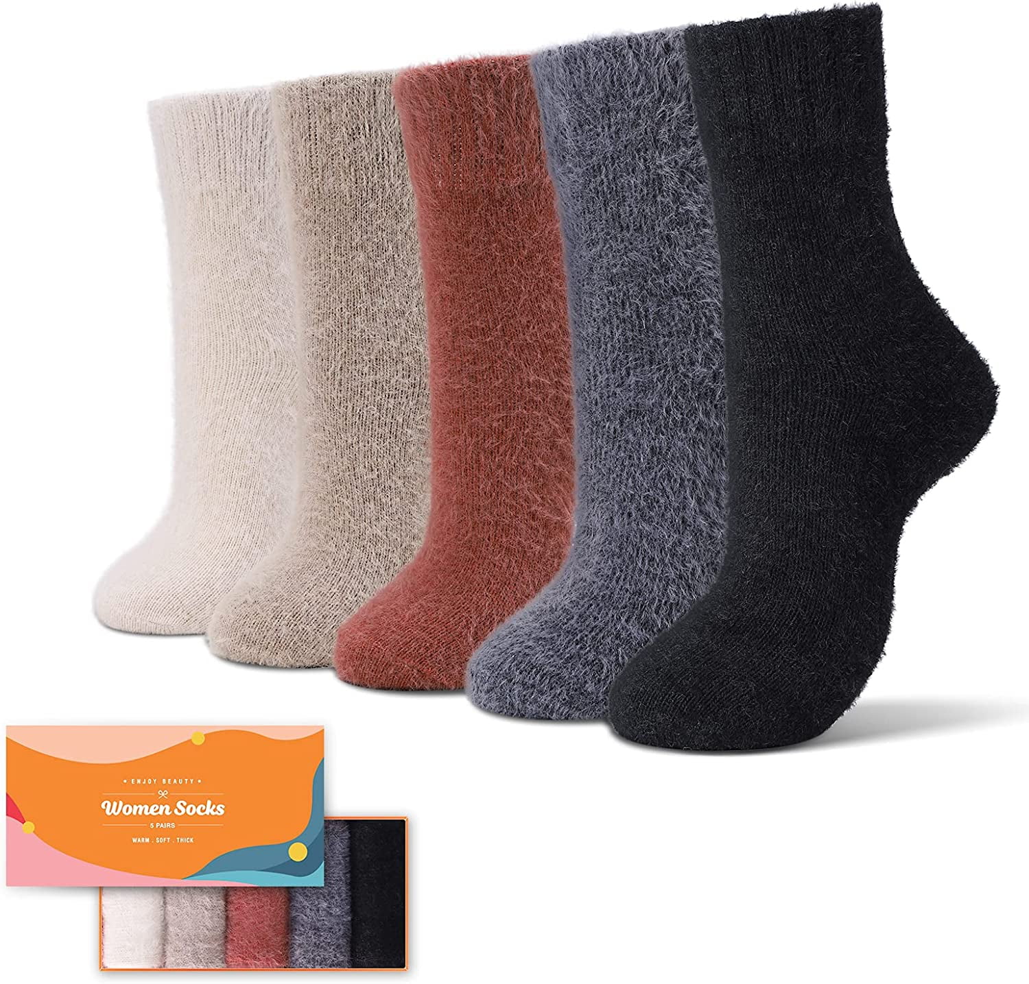 5 Pack Women Fuzzy Socks Thick Soft Warm Winter Wool Fluffy Cozy Socks ...