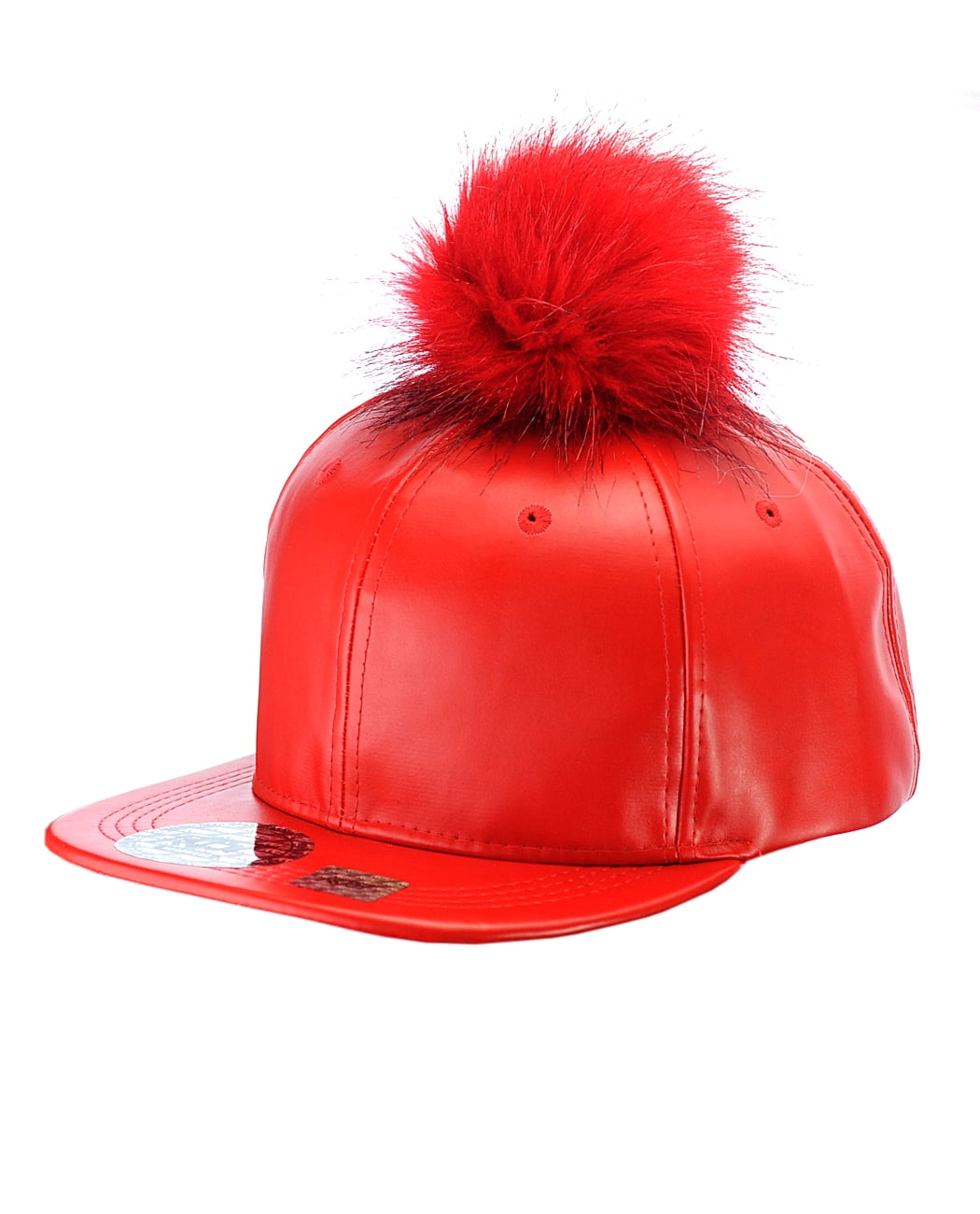 Unisex Style Faux Fur Pom Pom Snapback Flat Bill Cap Hat - Smooth Red ...