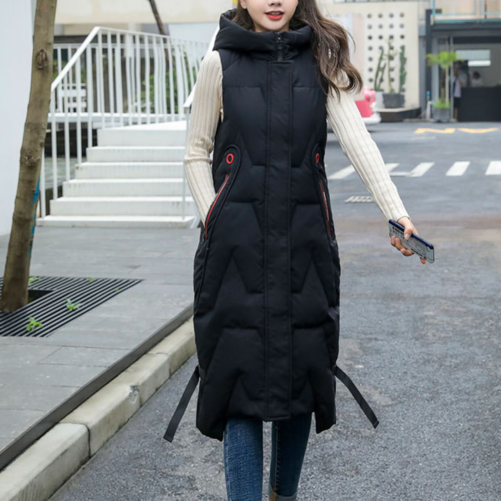 PERZOE Waistcoat Slant Pockets Buttons Zipper Placket