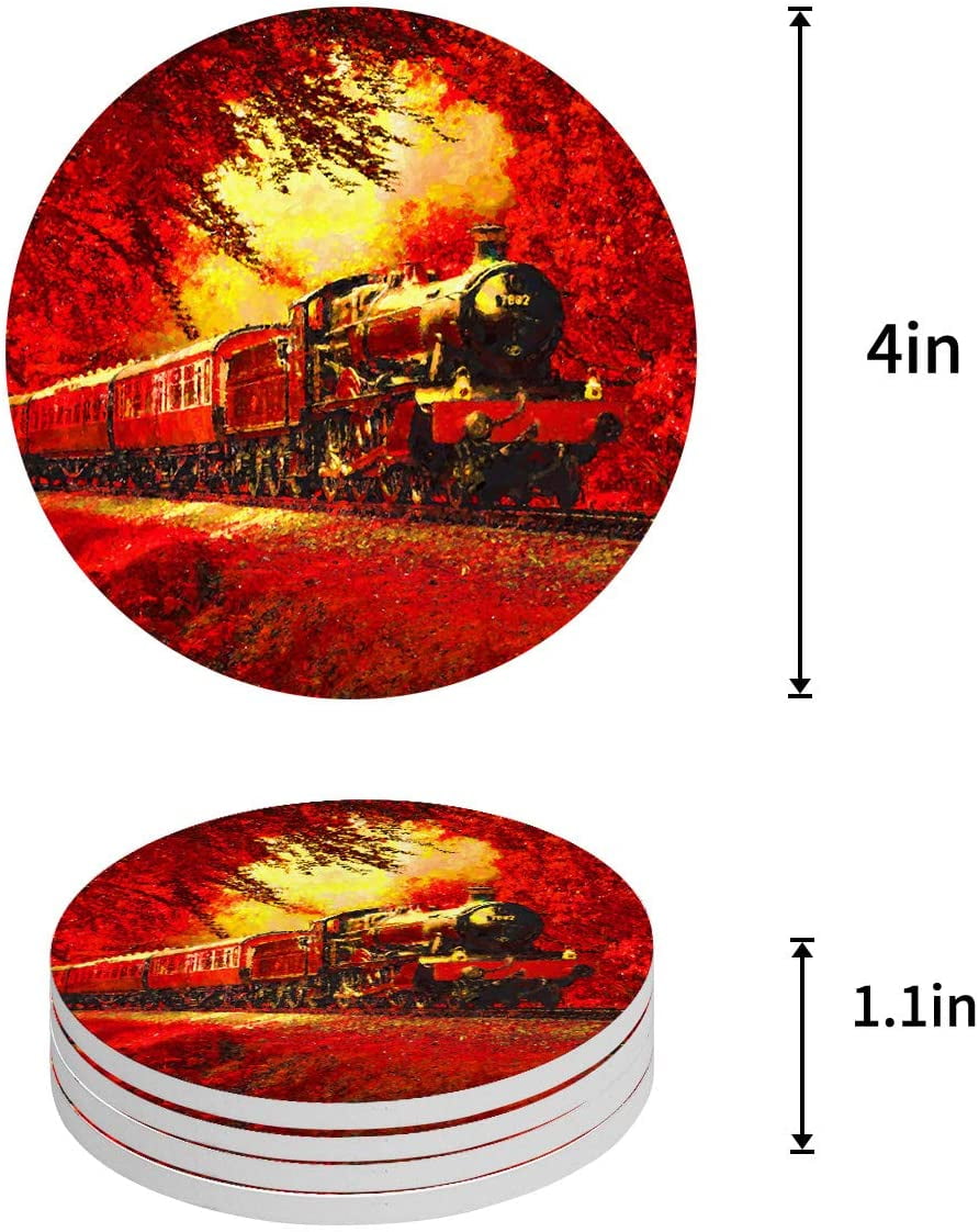 ZHANZZK Red Retro Train Oil Painting Texture Set of 6 Round Coaster for ...