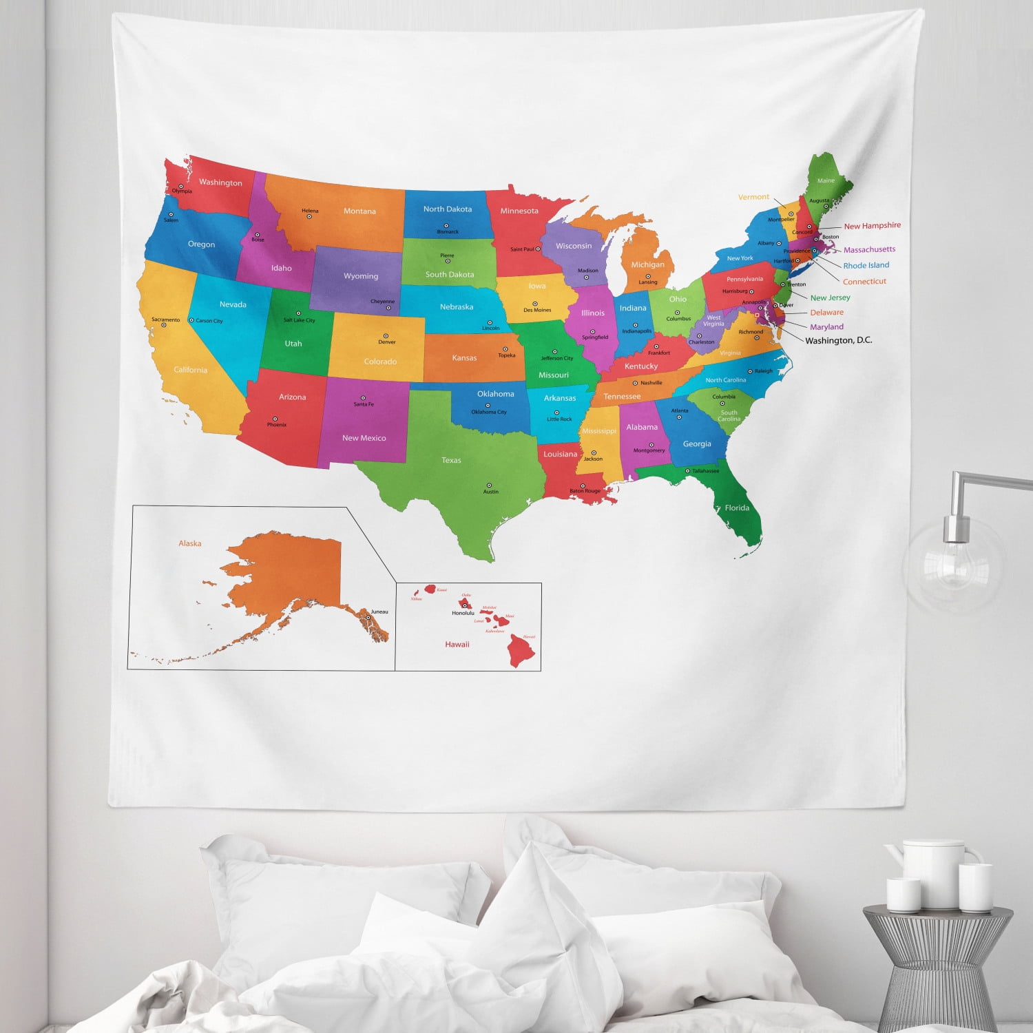 Colorful Tapestry, Colorful USA Map with States and Capital Cities ...