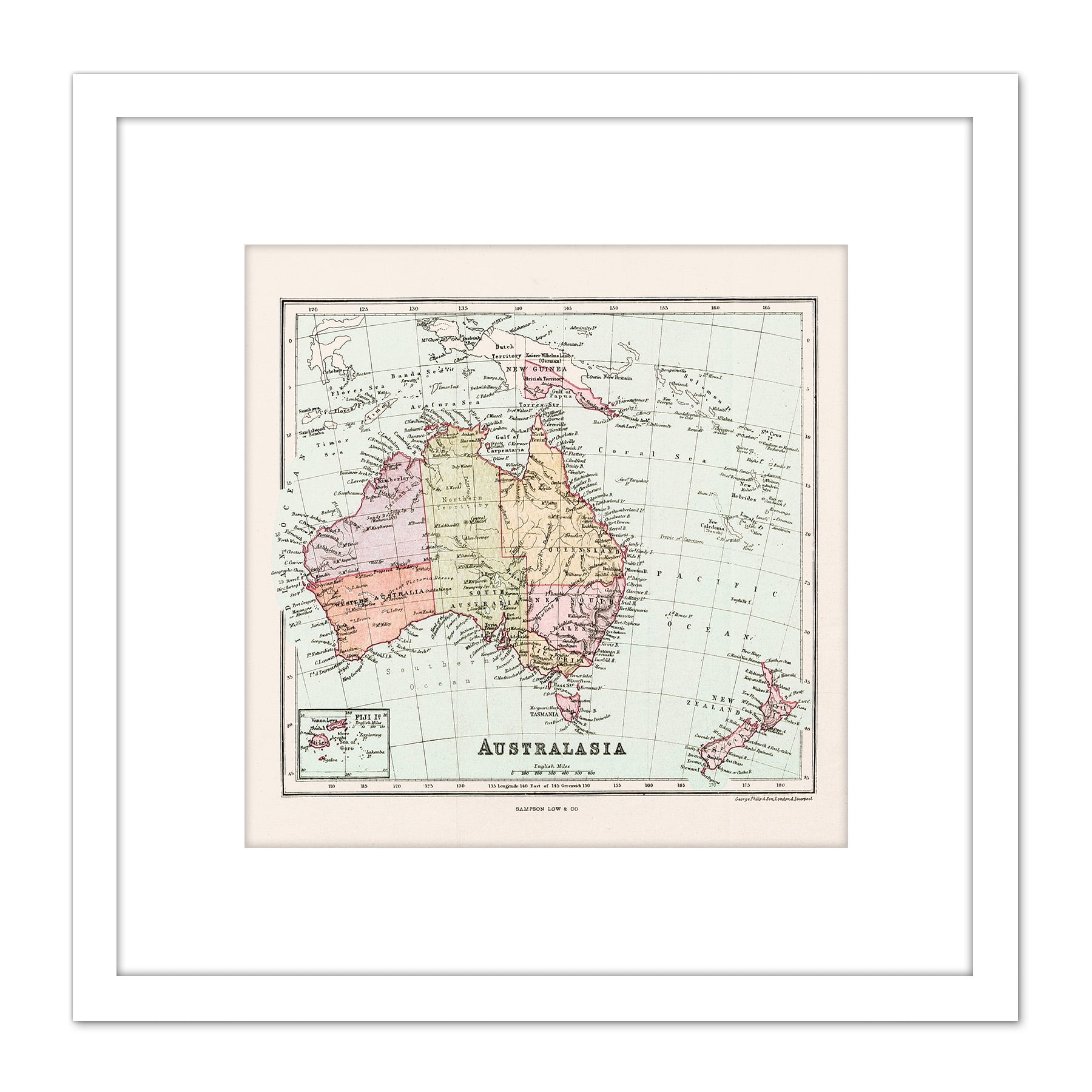 Map Sampson Australasia Australia Fiji 8X8 Inch Square Wooden Framed ...