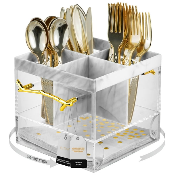 Swivel Silverware Caddy with Handles - Clear Lucite & Marble Design ...