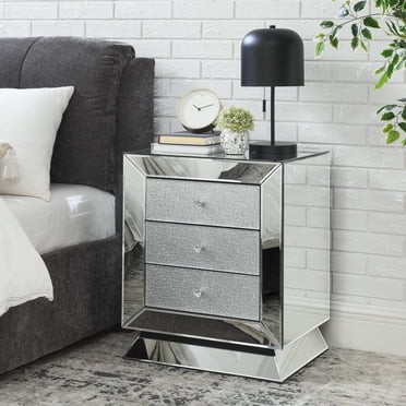 Mirrored Nightstand with 3-Drawers, Modern Silver Bedside Table with ...