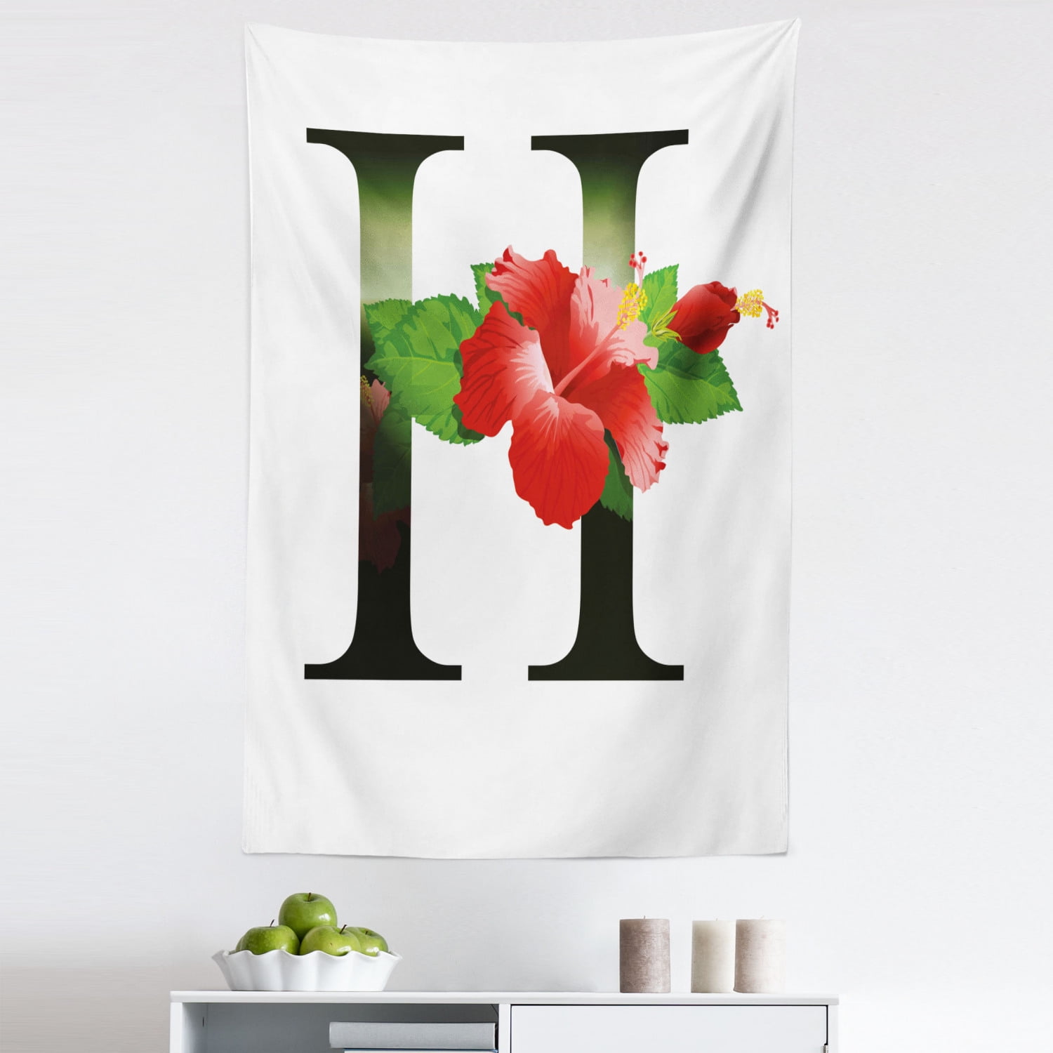 Letter H Tapestry, Hibiscus Design Green Leaves Vibrant Color Flower ...