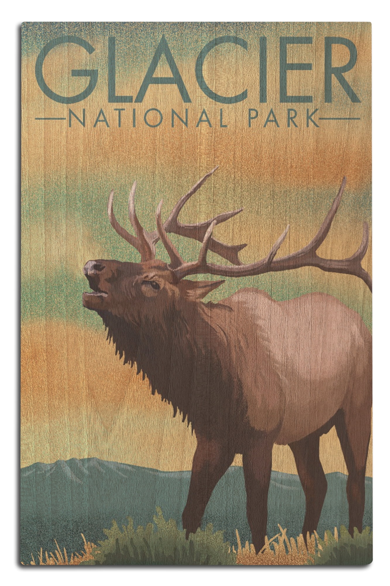 Glacier National Park, Montana, Elk, Lithograph Birch Wood Wall Sign ...