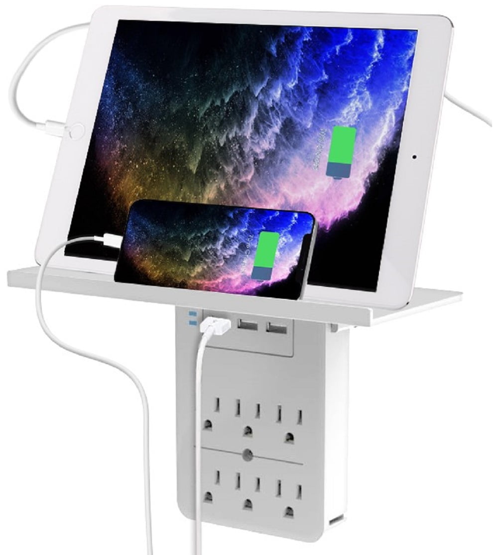 Aduro Shelf Wall Surge Protector with 6 Outlet & 3 USB Ports White ...