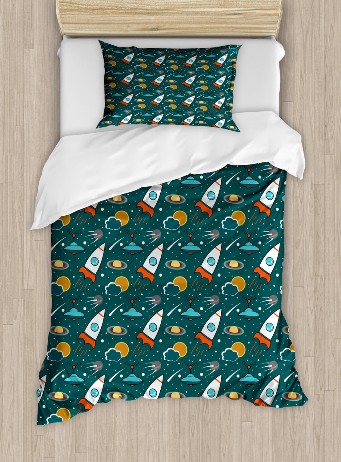 Spaceship Duvet Cover Set Twin Size, Outer Space Cartoon with Dotted ...