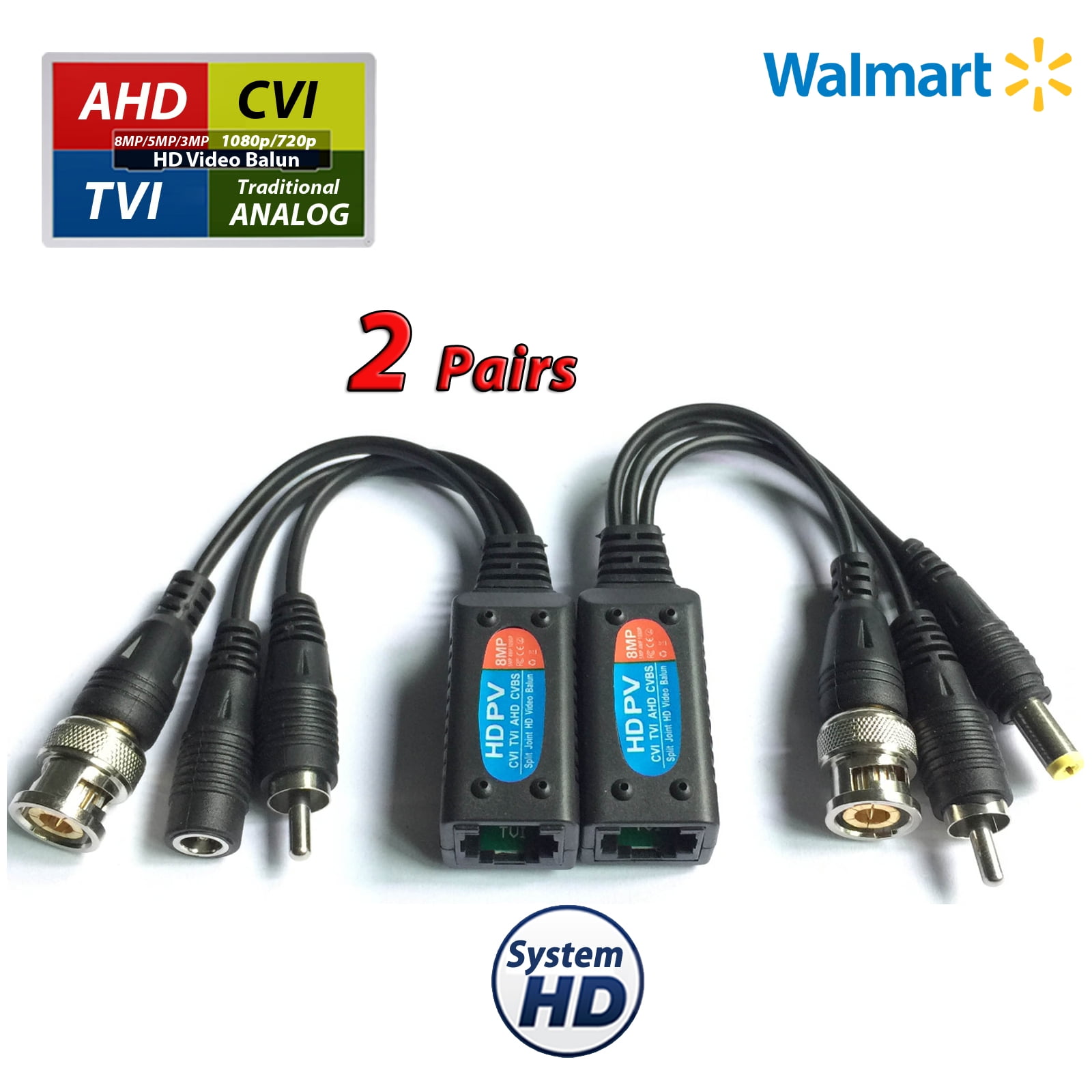Evertech 2 pairs of 8mp HD-CVI/TVI/AHD Passive Video Balun with Power ...