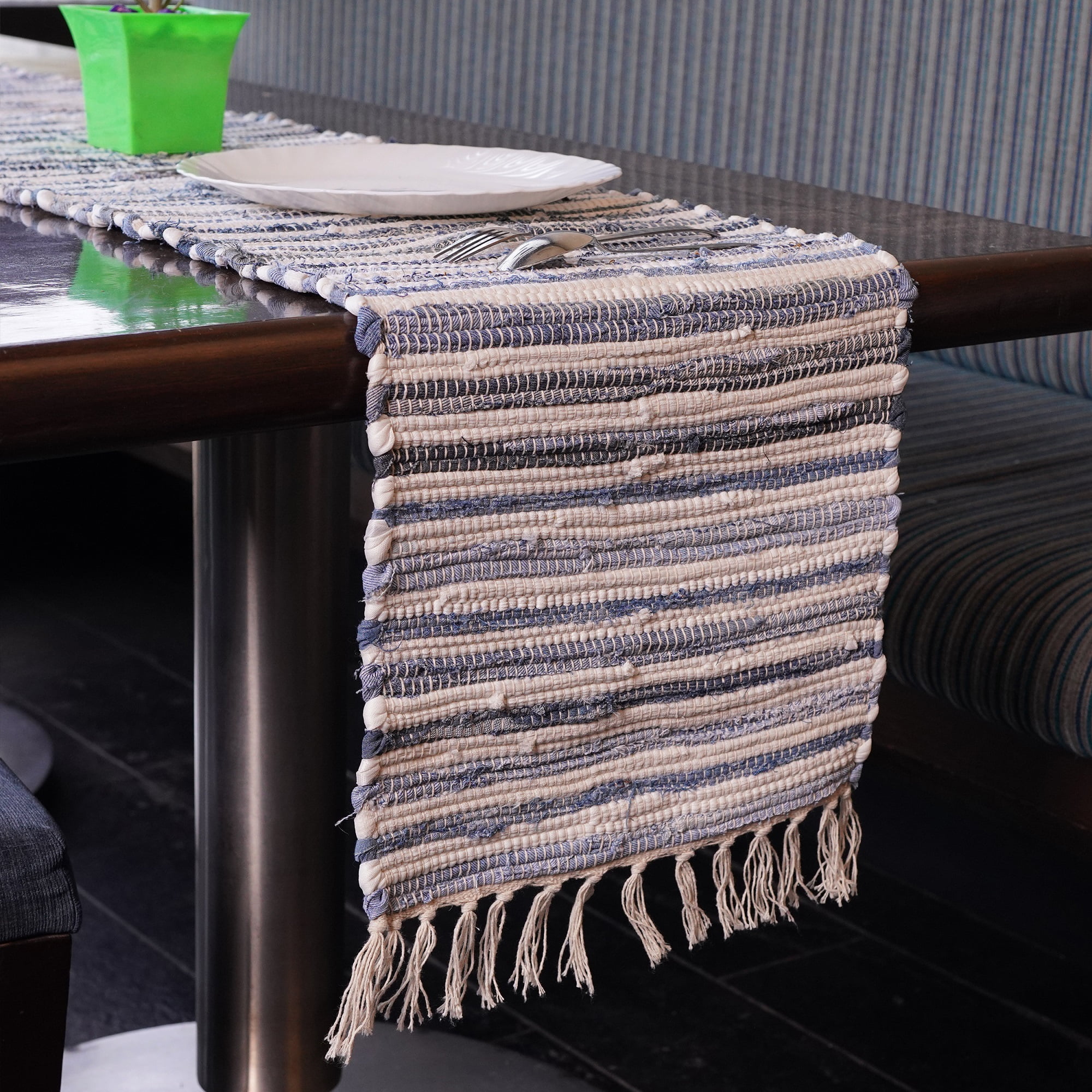 HOMEMONDE Recycled Blue Table Runner 14" x 72" Denim Braided Stripe ...
