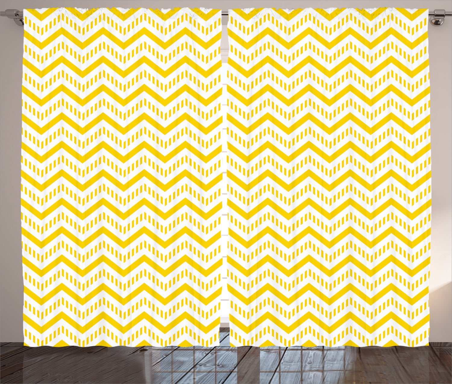 Yellow Decor Curtains 2 Panels Set, Chevron Abstract Zig Zag Pattern ...