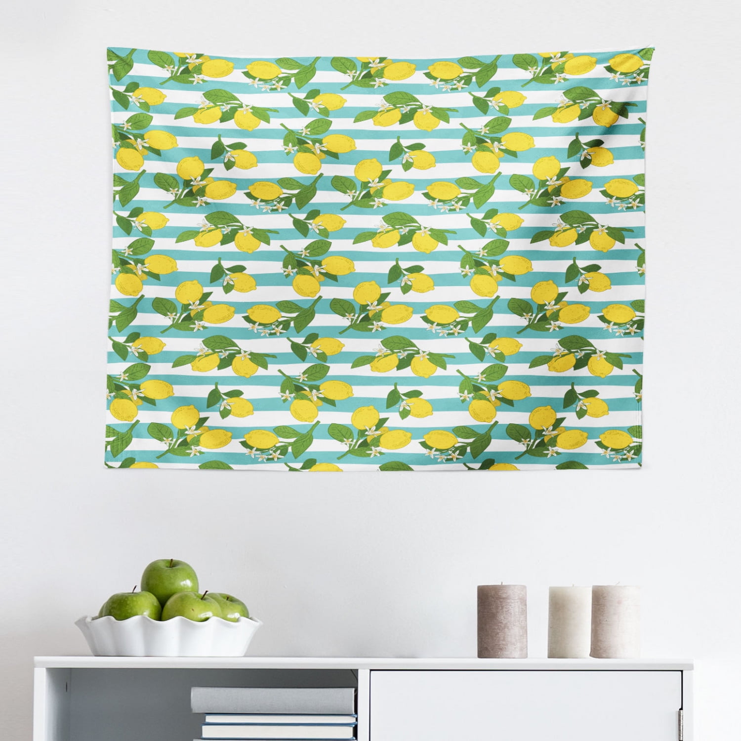 Lemons Tapestry, Citrus Fruits Simplistic Lines Cartoon Print on Plain ...