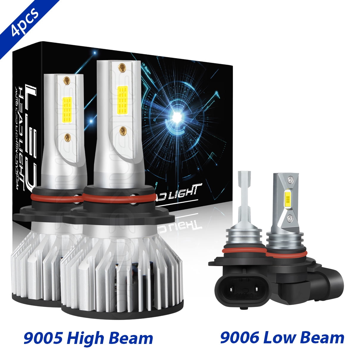 Obndvu LED Headlight Bulbs Kit 9005 High+9006 Low Beam 6000K White 4pcs ...