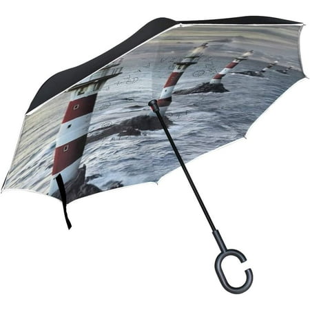 Lighthouse Storm Reversible Umbrella Double Layer Inverted Umbrella ...