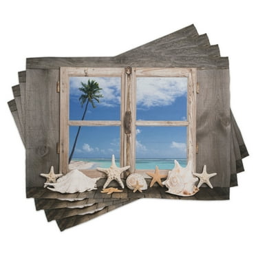 GCKG Ocean Beach Theme Placemat, Starfish and Seashells on Blue Wooden ...